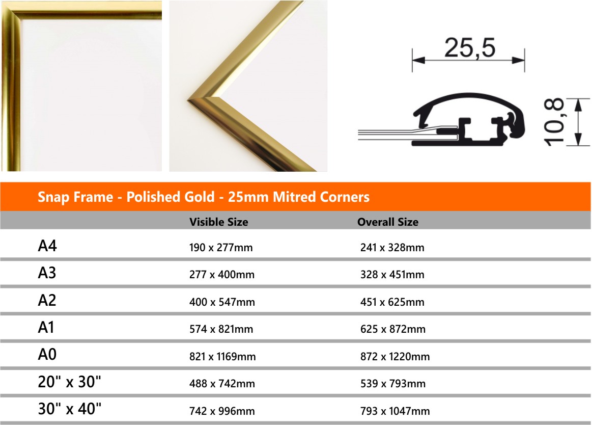 Snap Frame - Polished Gold - 25mm Profile - Signs 4 Schools